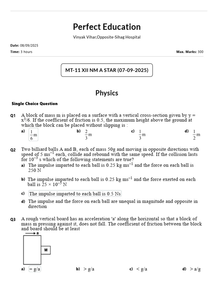 Mt-11 Xii NM A Star (7!9!25) | PDF | Force | Tension (Physics)
