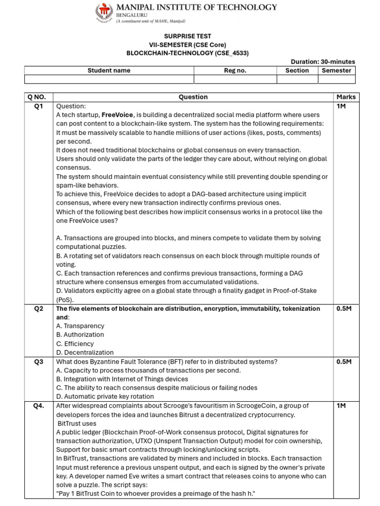 BlockChain-Technology Surprise Test Question Paper | PDF | Computer ...