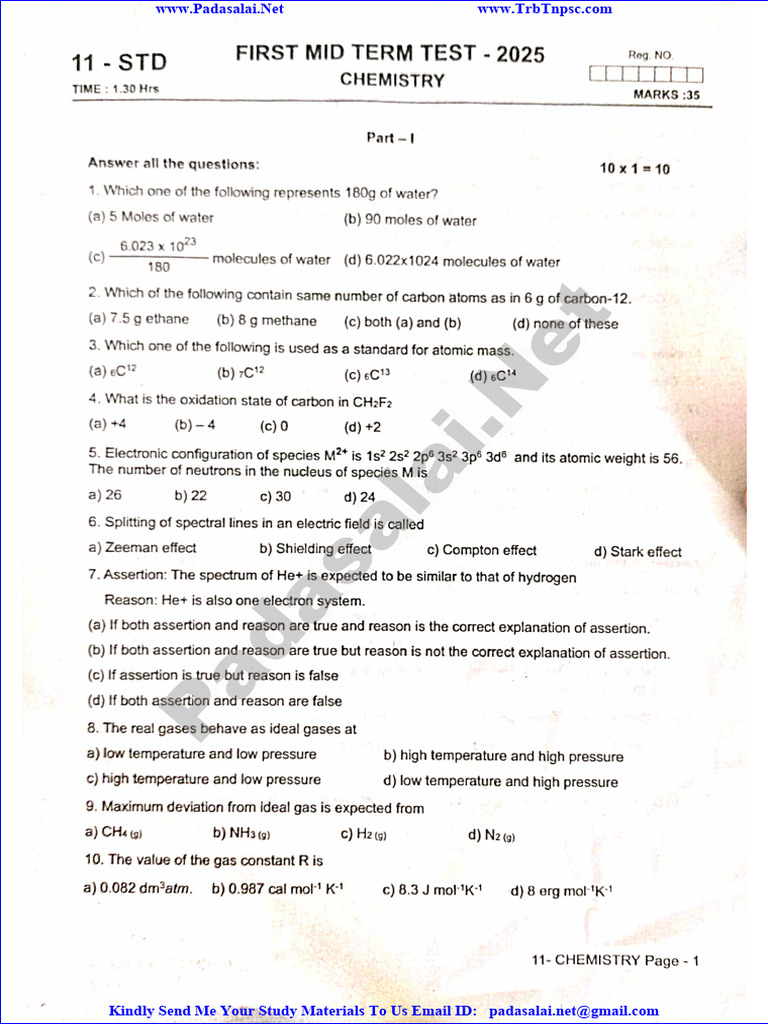 11th Chemistry EM - 1st Mid Term Exam 2025 - Question Paper - Tirupattur District - English ...
