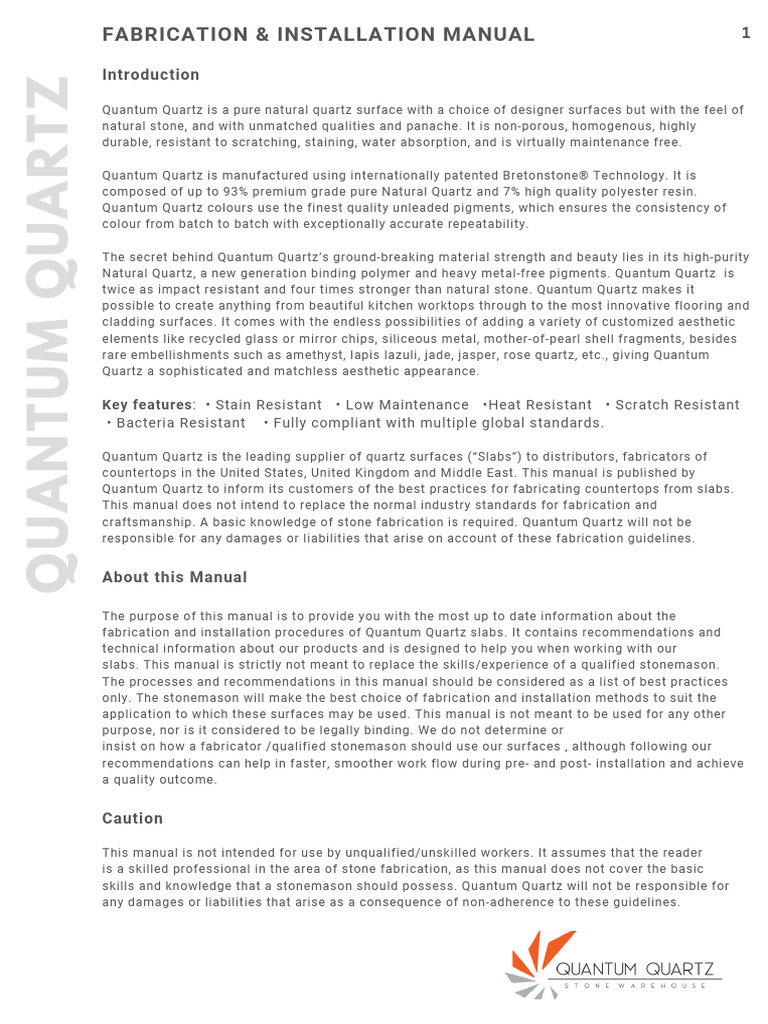 Quantum Quartz Fabrication Guide | PDF | Countertop | Materials