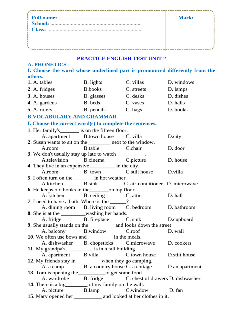 English Test Practice: Unit 2 | PDF | Bedroom | Interior Design