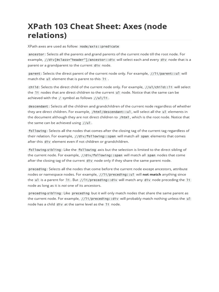 XPath 103 Cheat Sheet Axes (Node Relations) | PDF