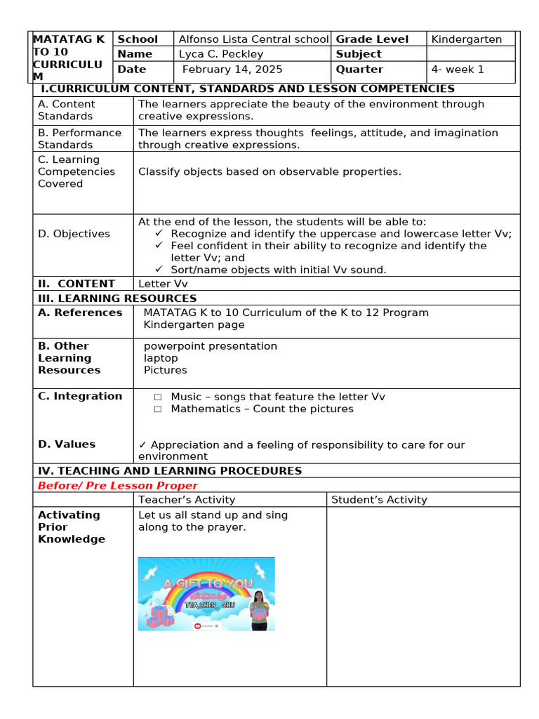 Kindergarten Lesson Plan: Letter Vv | PDF | Curriculum | Human ...