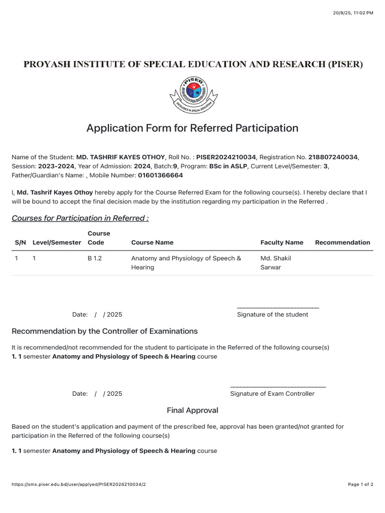 Https:Sms Piser Edu Bd:User:Applyed:PISER2024210034:2 | PDF | Doctor Of ...