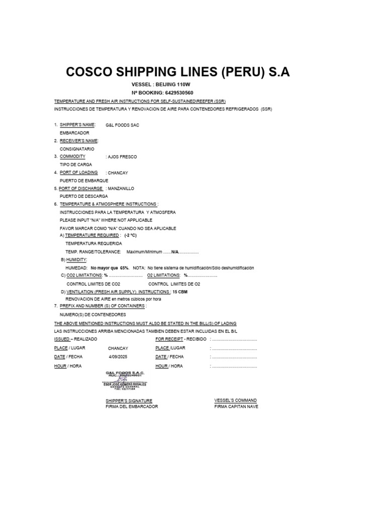 Cosco Shipping Lines (Peru) S.A: Vessel: Beijing 110W #BOOKING ...