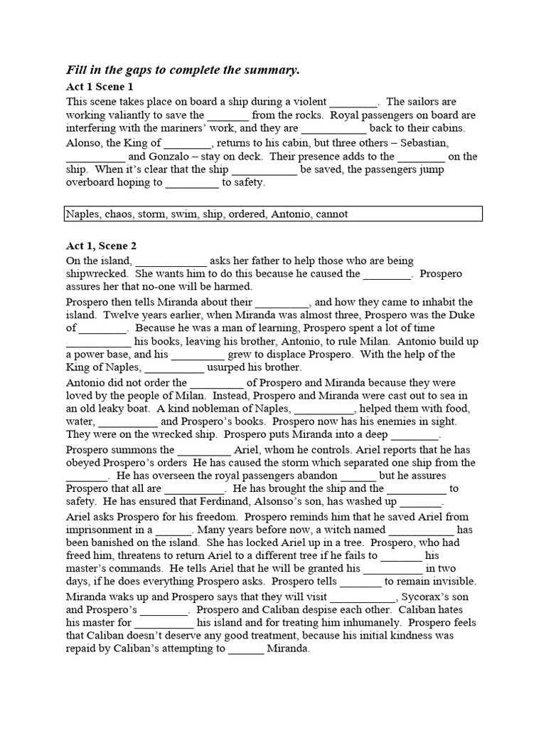 The Tempest Act 1 Summary Activity | PDF | The Tempest | Shakespearean ...