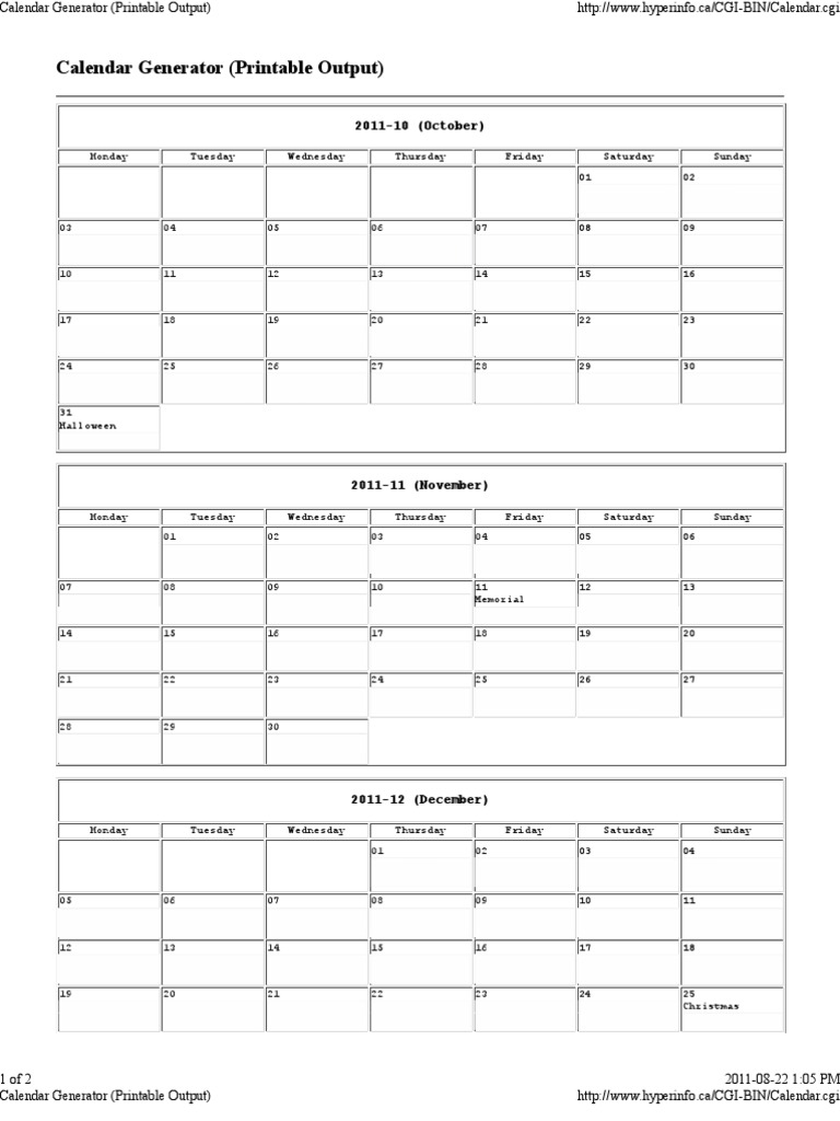 Calendar Generator (Printable Output) | PDF
