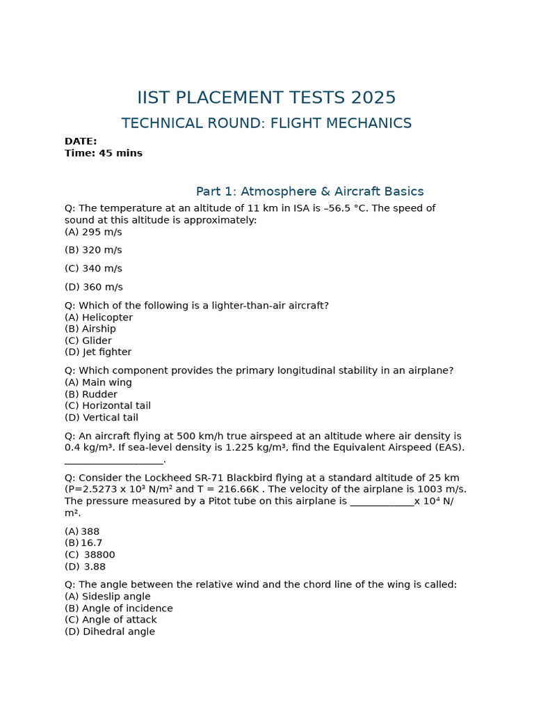 Iist Placement Tests 2025 Flight Mechanics | PDF | Aircraft | Aerospace