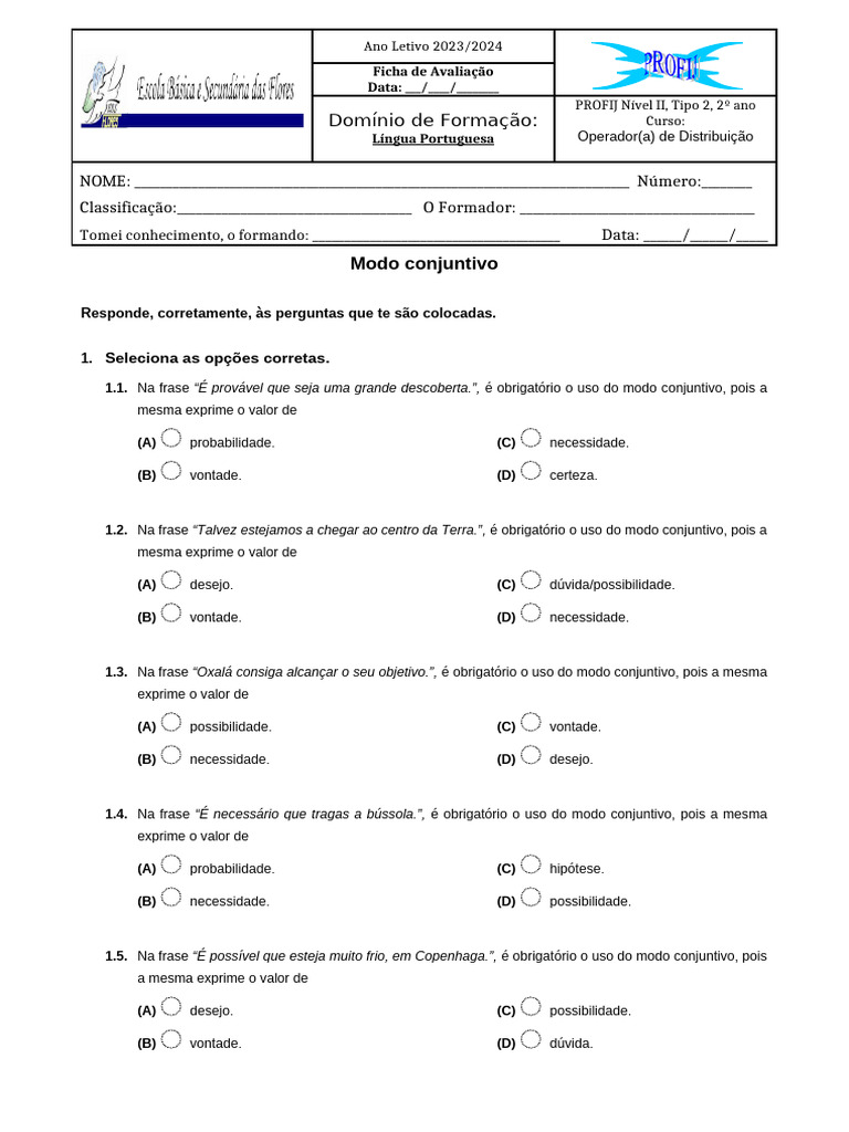 Ficha Avaliação Modo Conjuntivo OD | PDF | Linguística