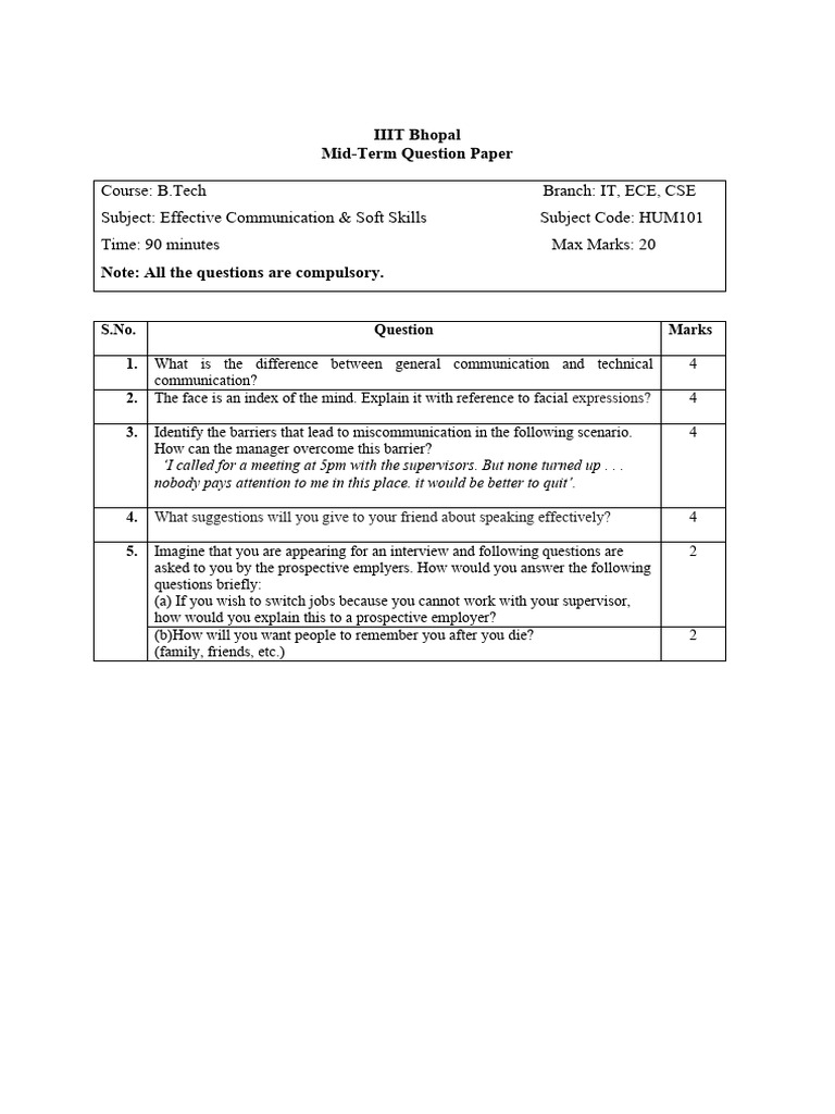 Mid Sem Exam Qus Paper - 2021 - IIIT Bhopal | PDF