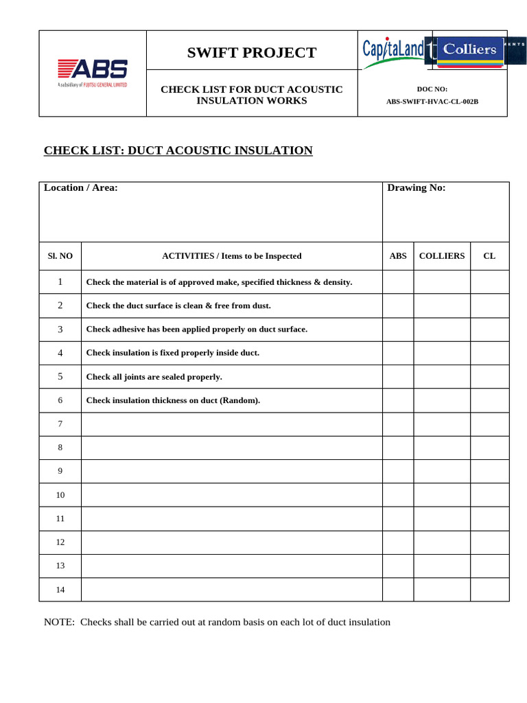 Check List For Duct Acoustic Insulation | PDF
