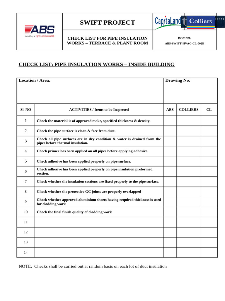 Pipe Insulation Checklist for SWIFT Project | PDF