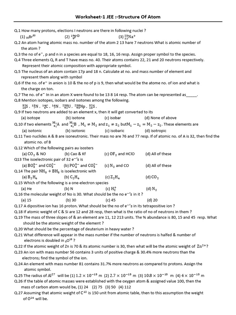 Worksheet Structure of Atom | PDF | Isotope | Atoms