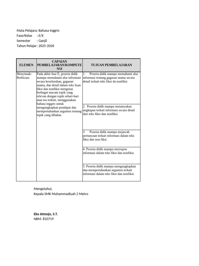 Contoh Alur Tujuan Pembelajaran | PDF