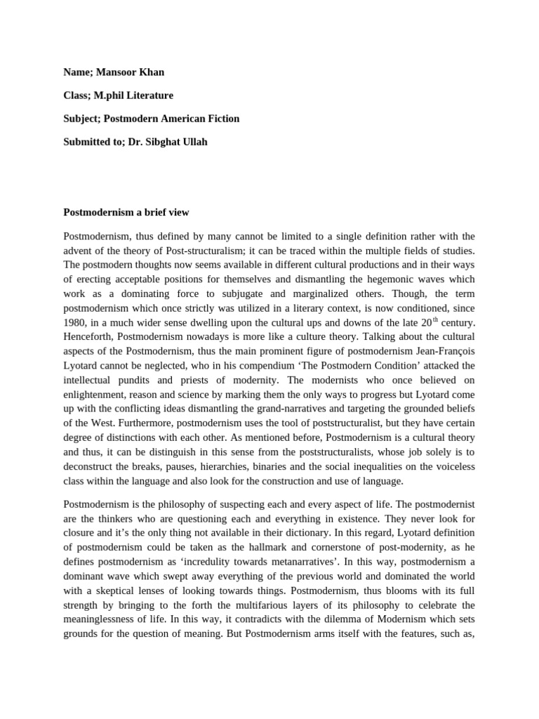Overview of Postmodernism in Literature | PDF | Postmodernism | Liberal ...
