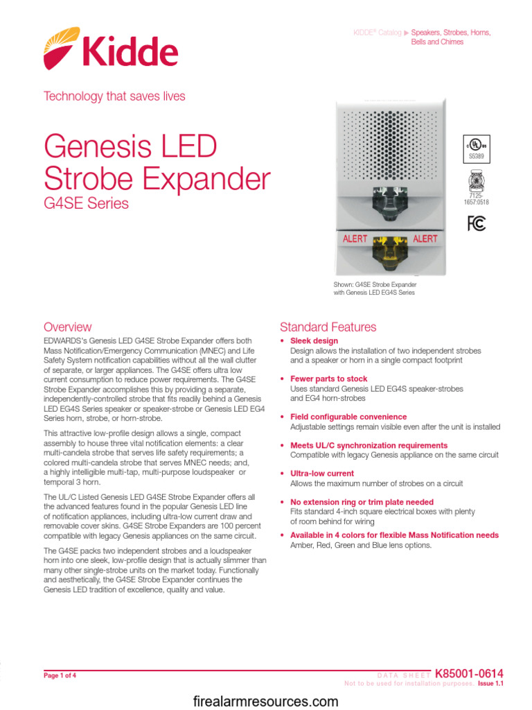 Kidde k85001 0614 Genesis Led G4se Strobe Expander 6524017938 | PDF ...