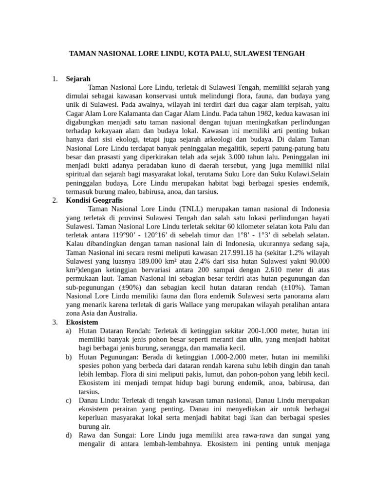 Taman Nasional Lore Lindu: Keanekaragaman Hayati | PDF