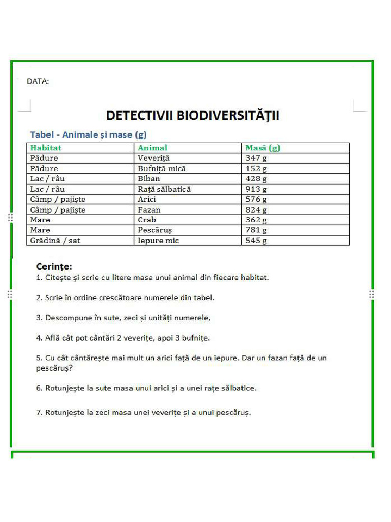 Fisa Mate Detectivii Biodiversitatii | PDF