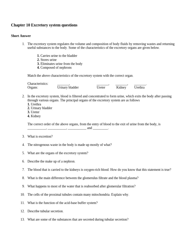 Bio 12 Chapter 10 Short Answer Questions | PDF | Kidney | Urinary System