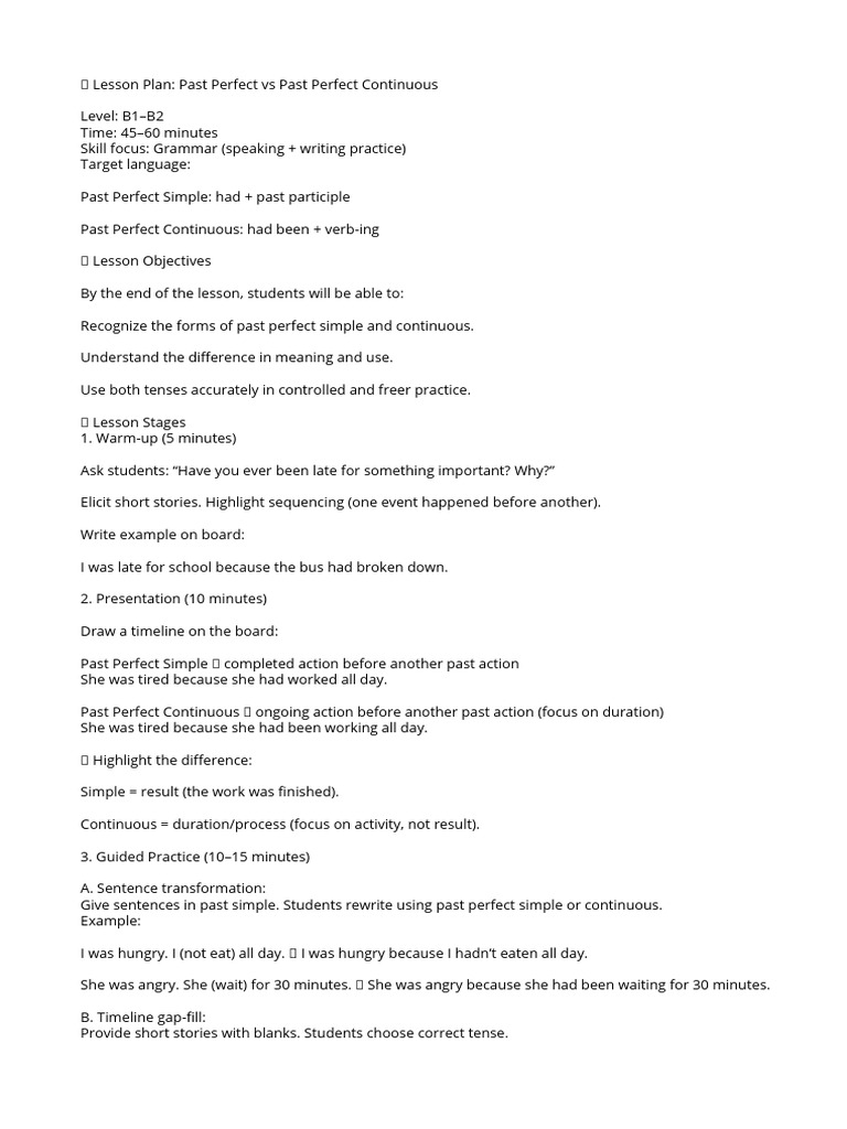 Past Perfect vs Continuous Lesson Plan | PDF