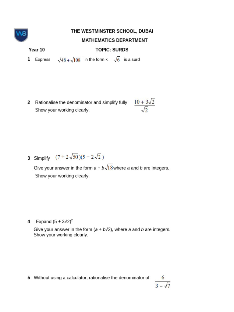 YR10 SURDS Worksheet | PDF