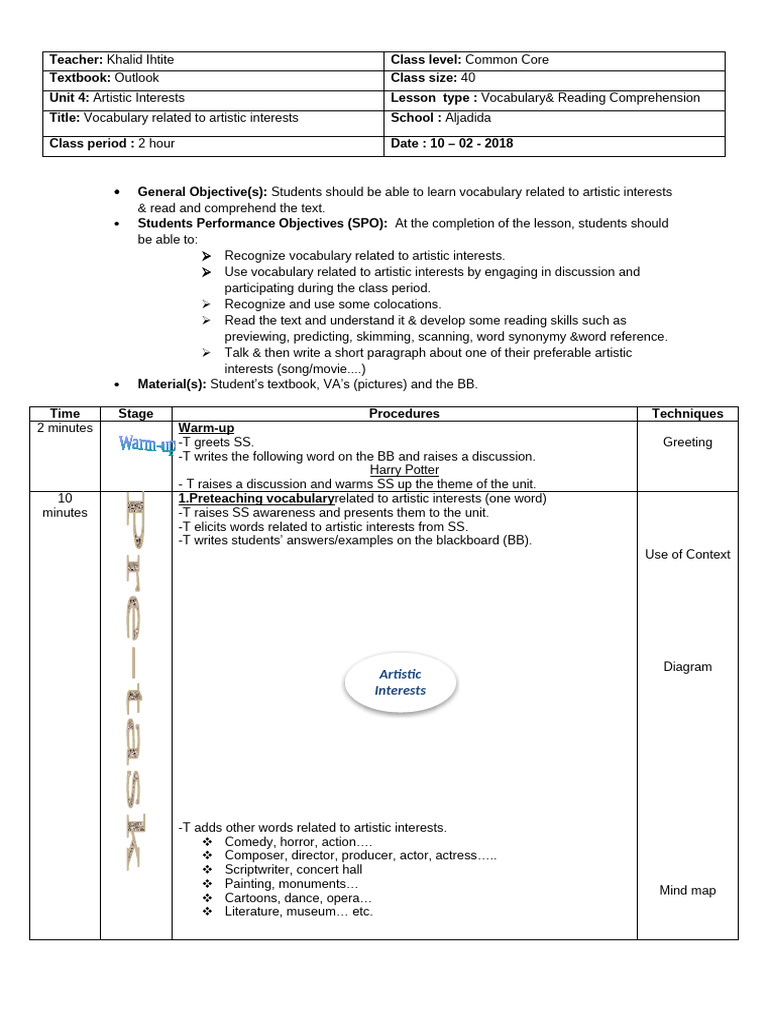 Unit 4 Voc + Reading Comp Artistic Interests C.C | PDF | Reading ...