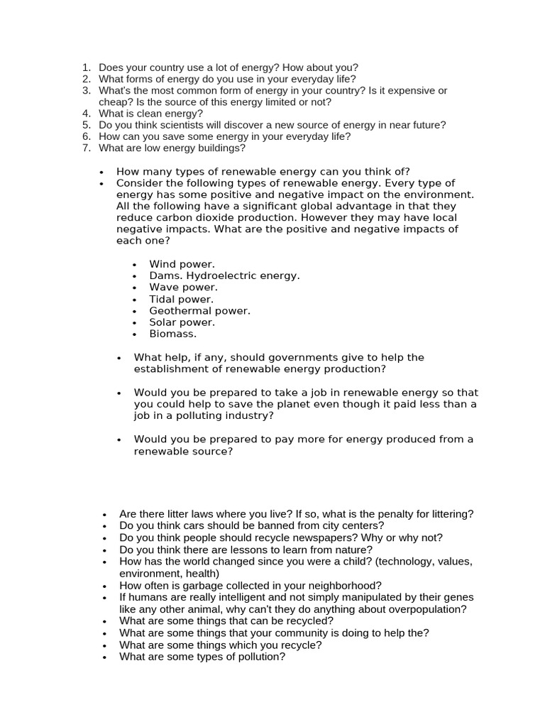 Conversation Questions Energy | PDF | Renewable Energy | Energy Development