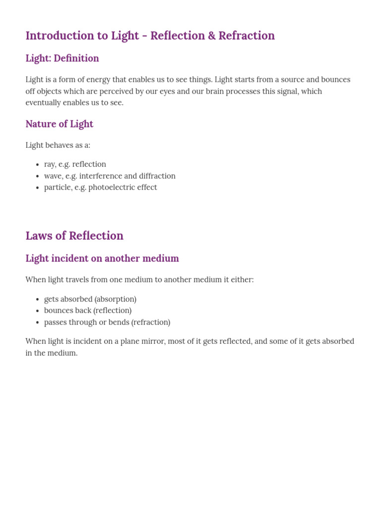 Light - Reflection & Refraction | PDF | Light | Mirror