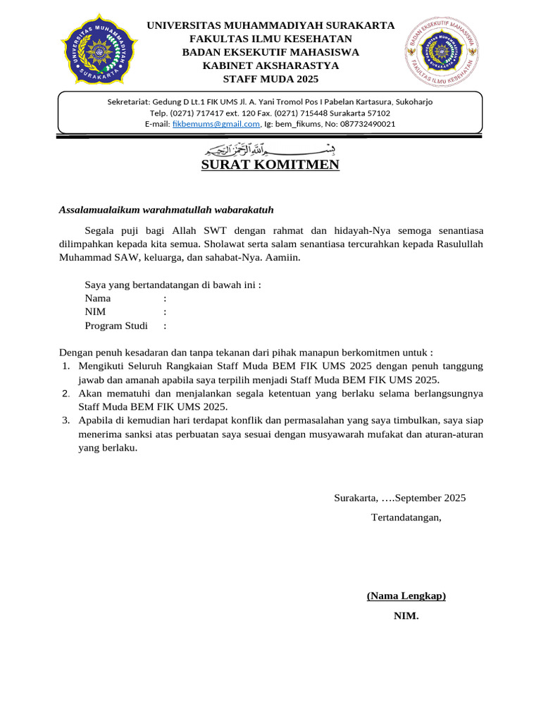 Surat Komitmen Staff Muda BEM FIK UMS | PDF