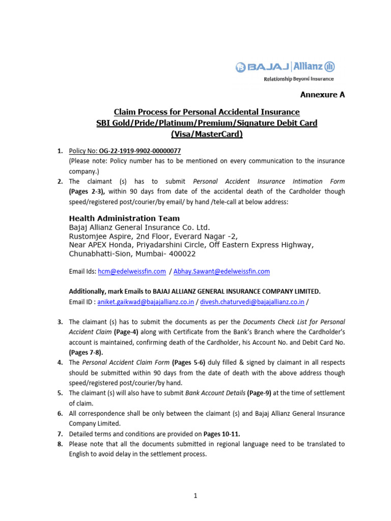Personal Accident Claim Process for SBI Debit Card | PDF | Payments ...
