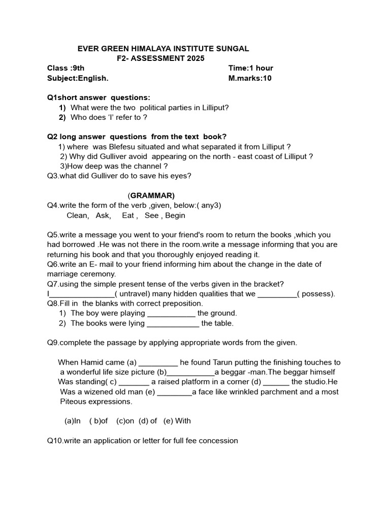 English Assessment for 9th Grade 2025 | PDF