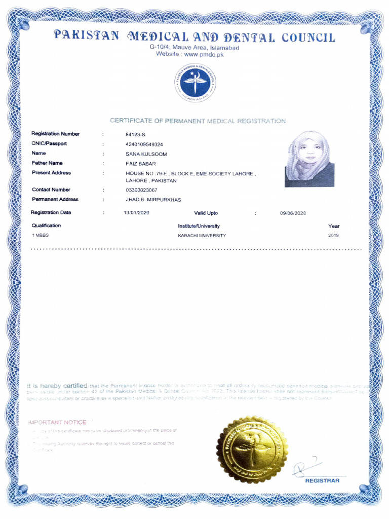 Permanent Medical Registration Certificate | PDF