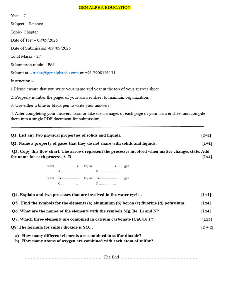 Year 7 Science Test Instructions | PDF