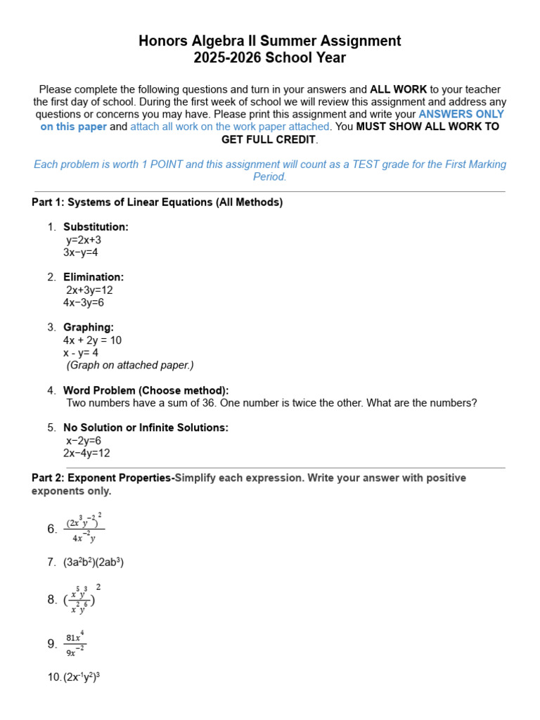 2025 STUDENT COPY Honors Algebra II Summer Assignment | PDF | Quadratic ...
