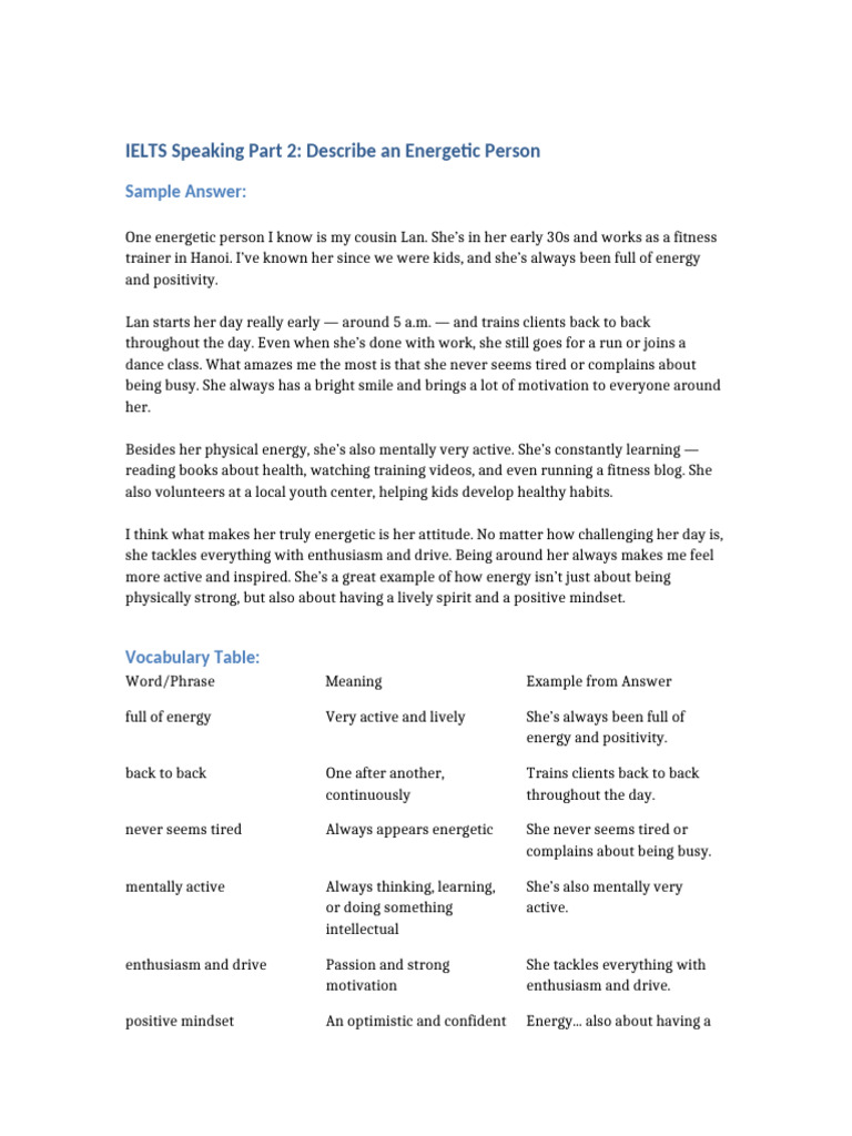 IELTS Part2 Describe Energetic Person | PDF | Language Mechanics | Syntax