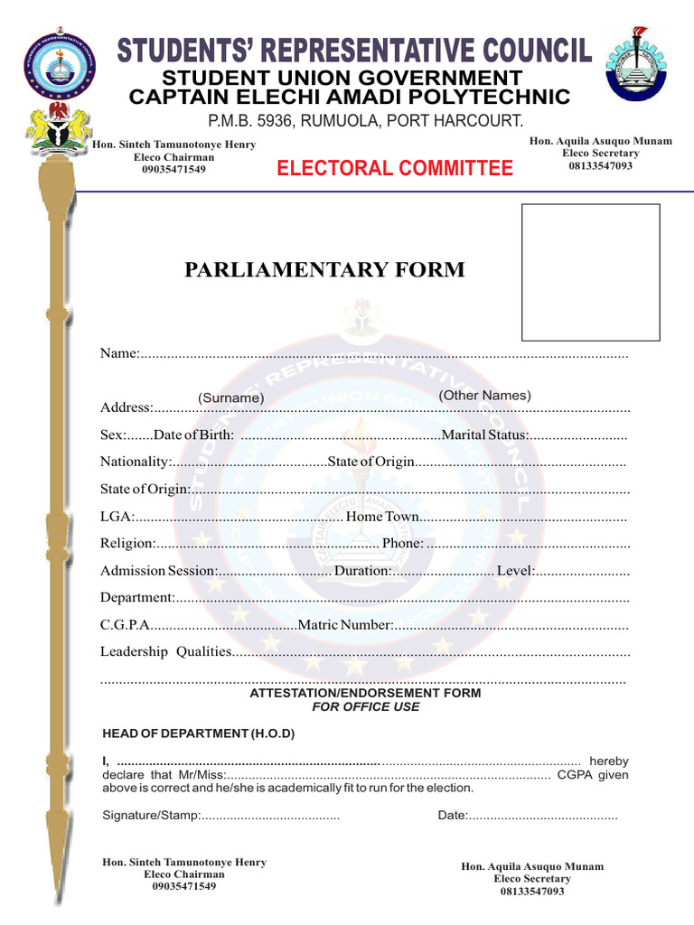 Captain Elechi Amadi Polytechnic Election Form | PDF | Identity ...