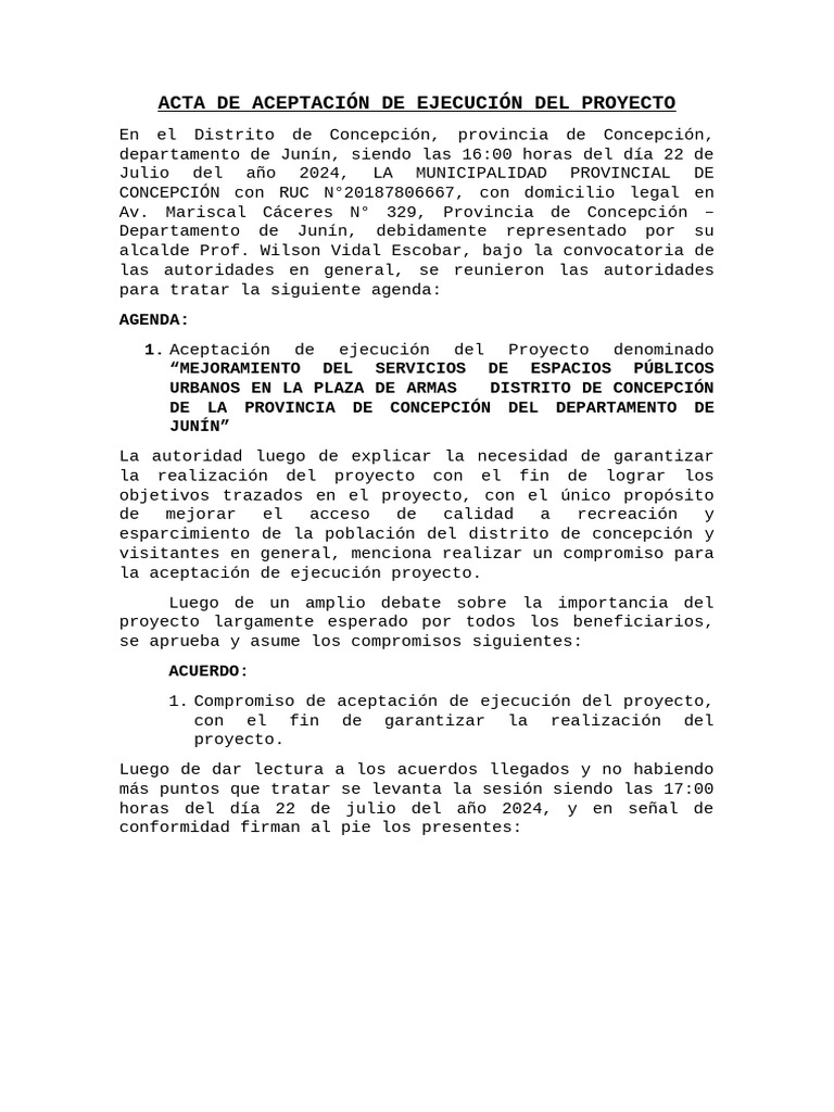 Acta De Aceptación Del Proyecto P Pdf