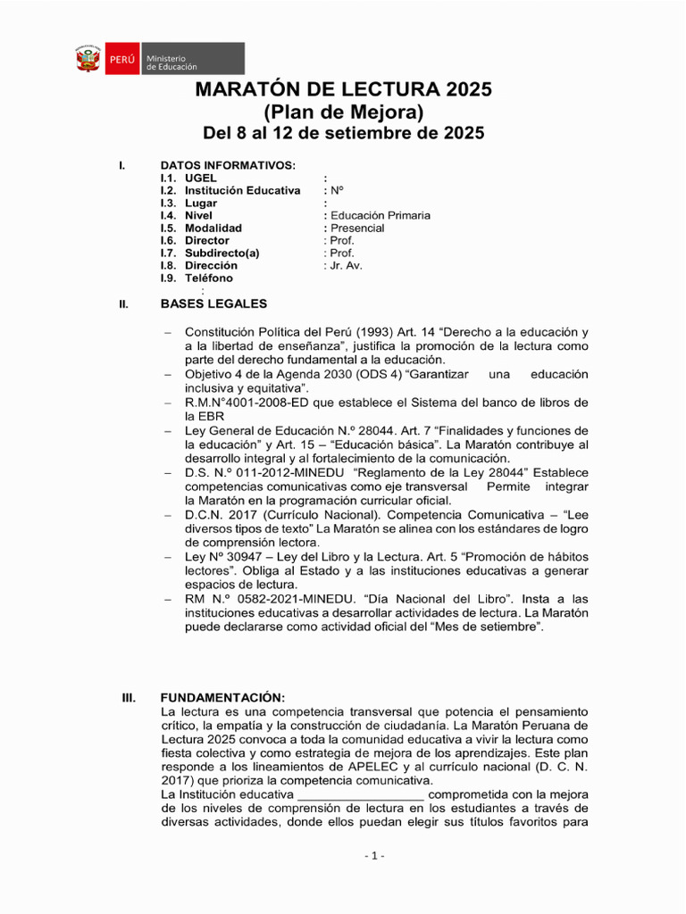 Plan de Maraton de Lectura 2025 Minedu | PDF