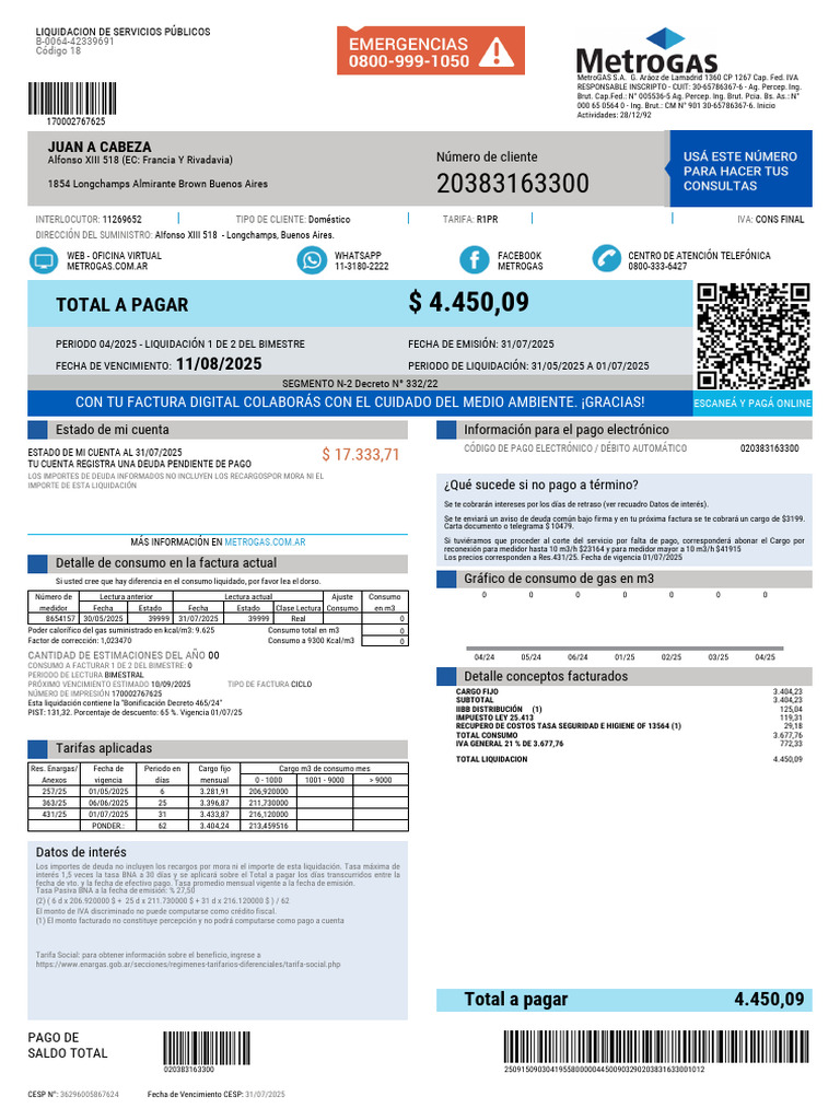MetroGAS - Factura 20383163300 | PDF | Factura