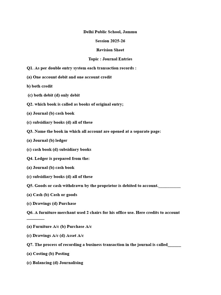 Revision Sheet Journal XI | PDF | Debits And Credits | Money