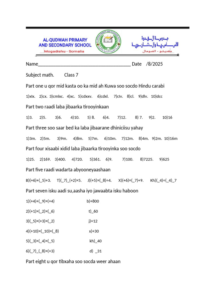 Xisaab Fasalka 7: Tusaalooyin iyo Hawlo | PDF