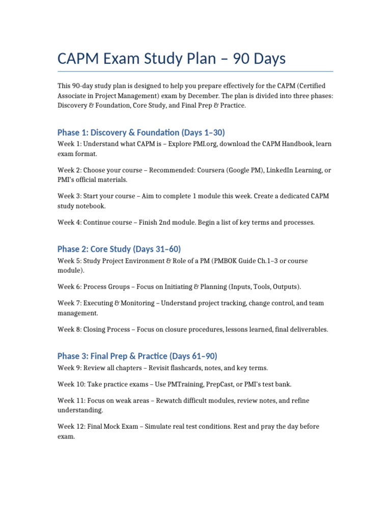CAPM 90 Day Study Plan | PDF