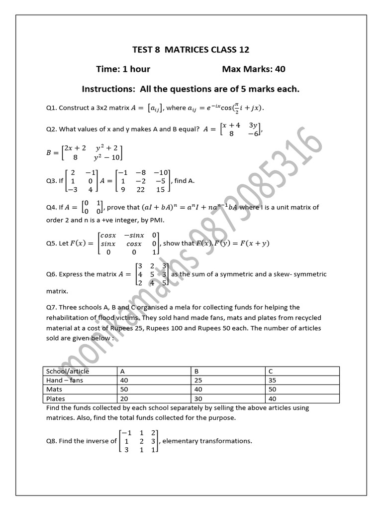 Class 12 Matrix Test Questions | PDF