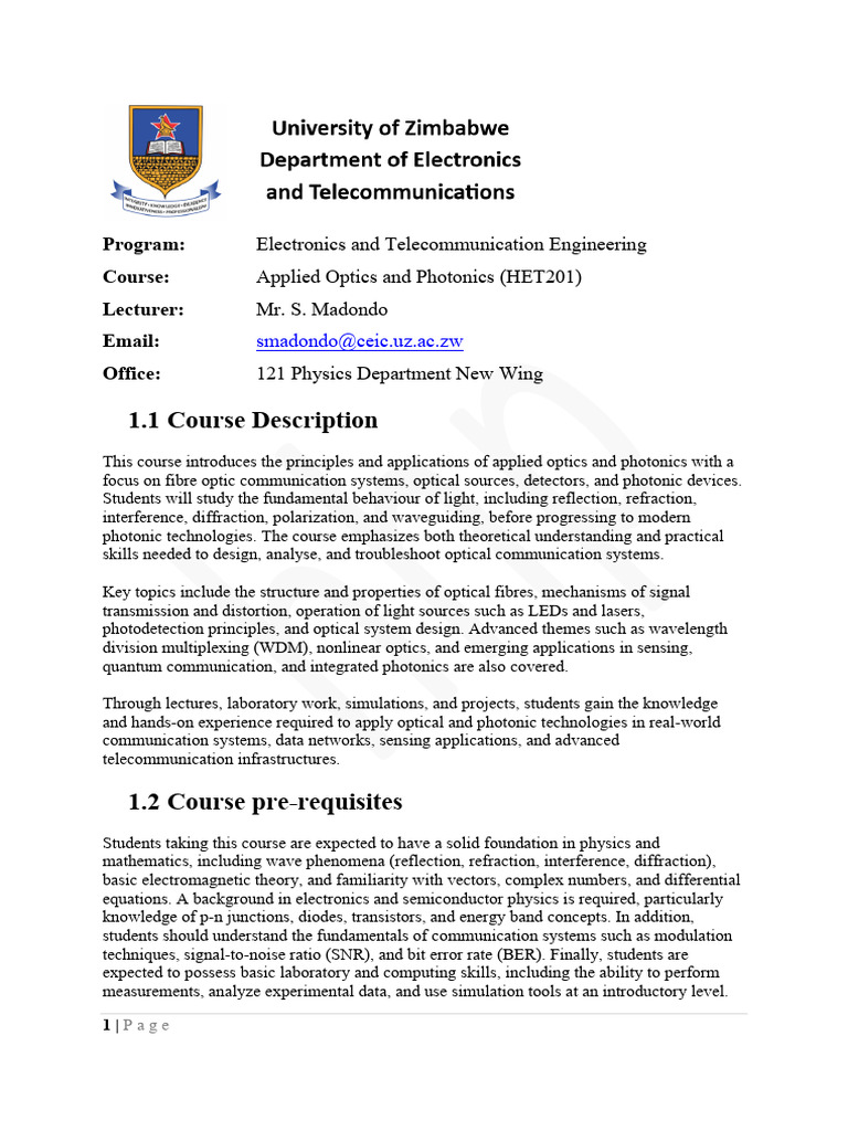 Applied Optics and Photonics Course Guide | PDF | Optical Fiber | Optics
