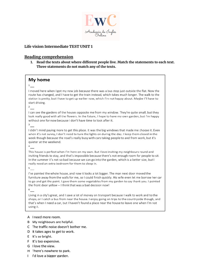 Life Vision Intermediate Unit 1 Test | PDF