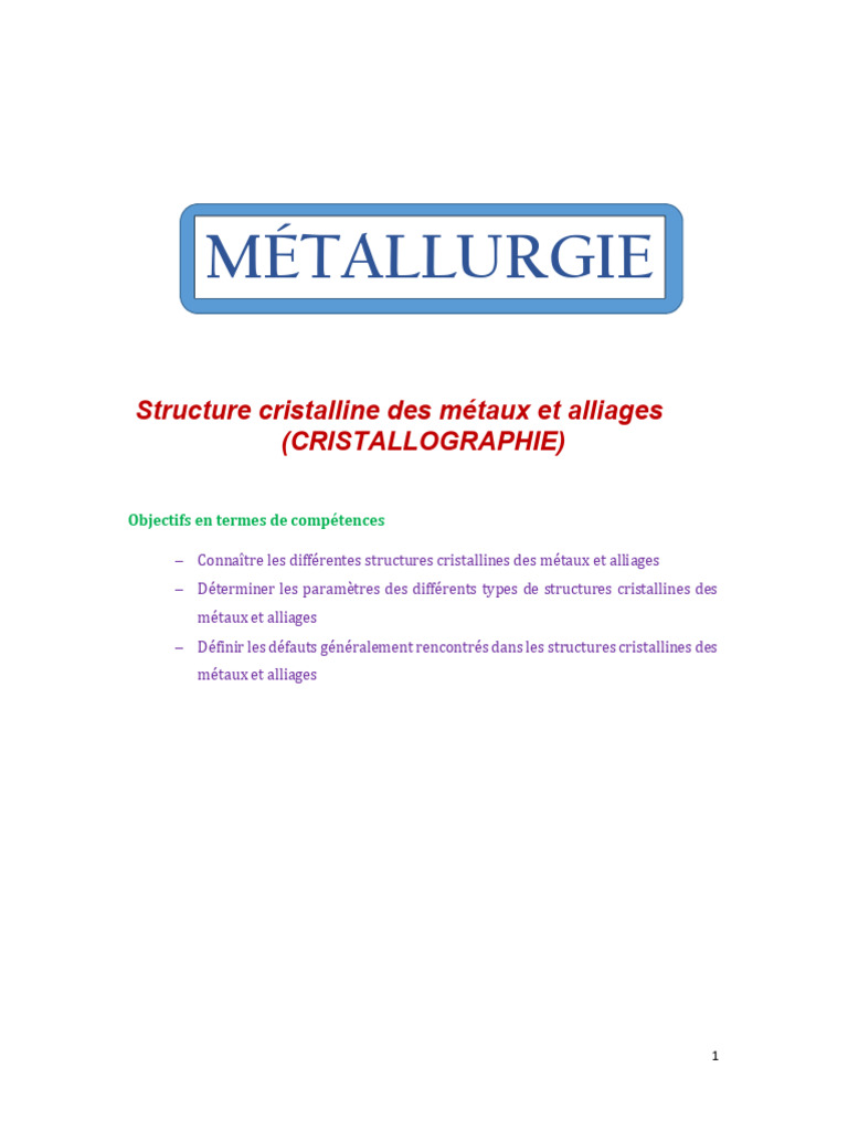Structure cristalline des métaux et alliages | PDF | Structure ...