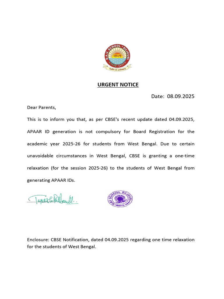 Urgent Notice - Apaar Id Creation | PDF