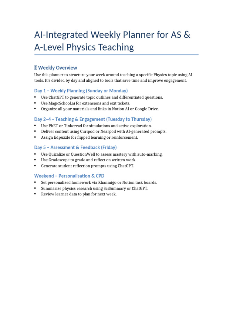 AI Integrated Weekly Planner Physics | PDF
