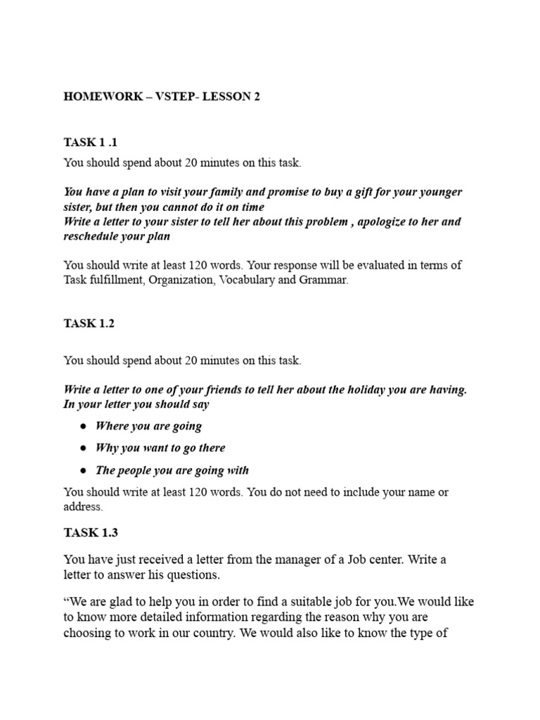 VSTEP Lesson 2 Homework Instructions | PDF