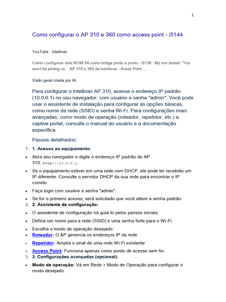 Configuração do AP 310 e 360 Intelbras | PDF | Rede de computadores | Wi-Fi
